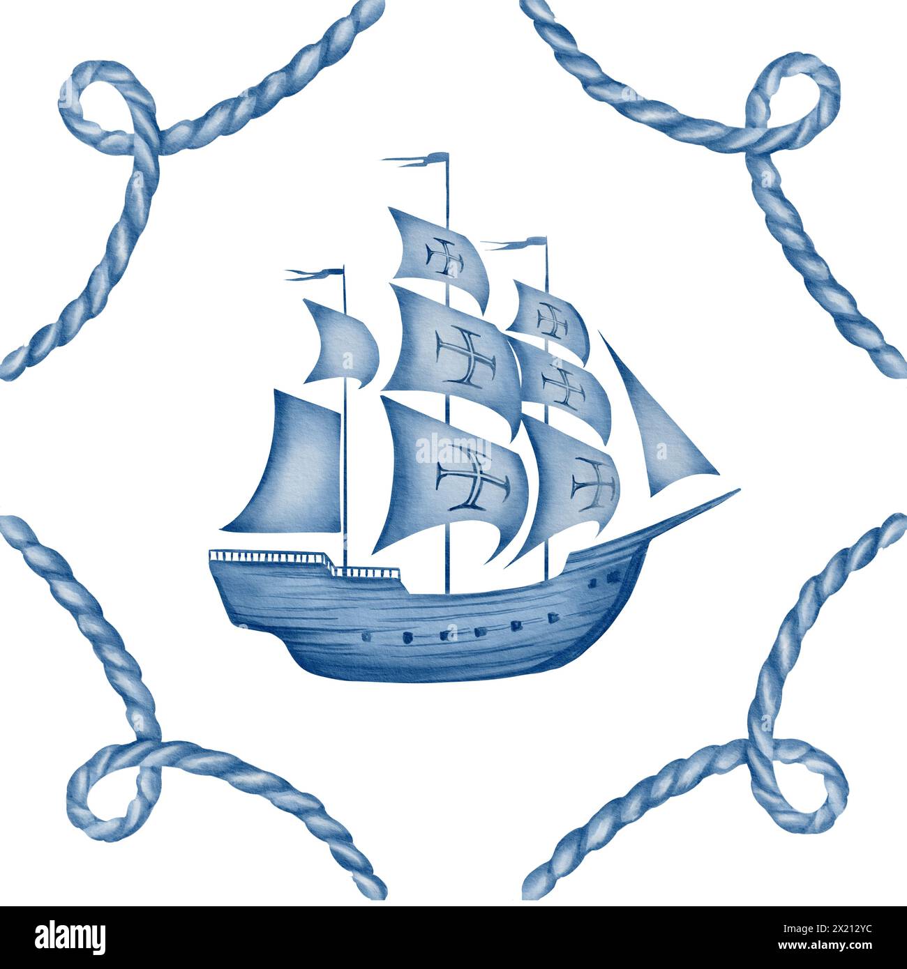 An old sailing ship simple silhouette with a sea rope in monochrome ...