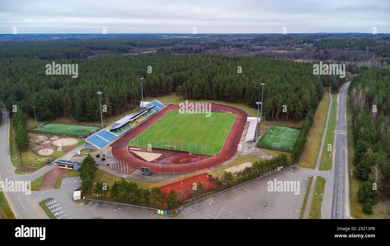 aerial view from drone of a football stadium with football field in ...