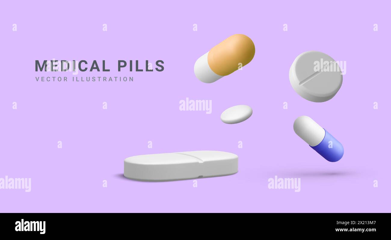 3d realistic pills in diferent position on blue background. Medical ...