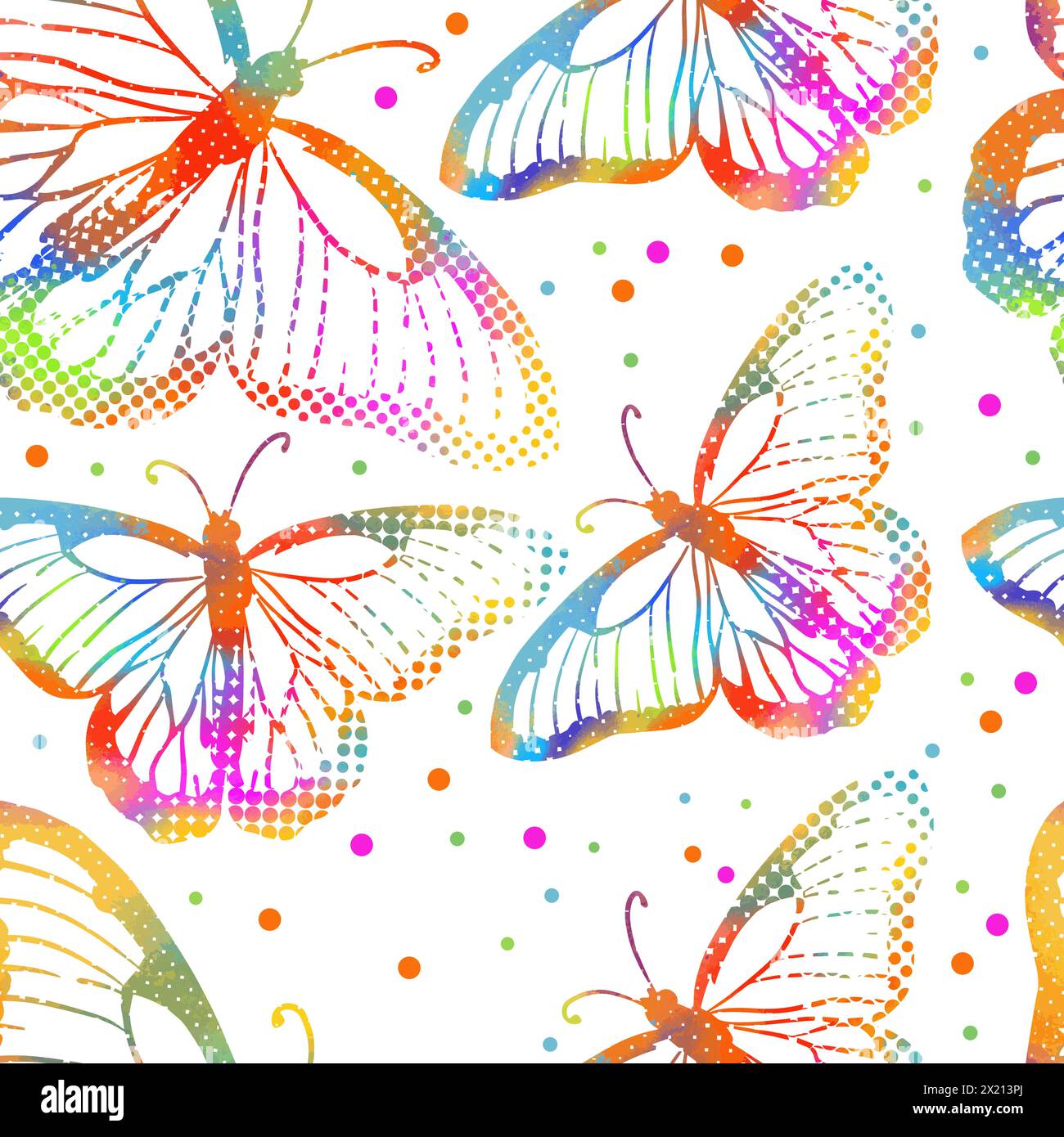 A seamless background with colored butterflies. hand drawing. Not AI ...