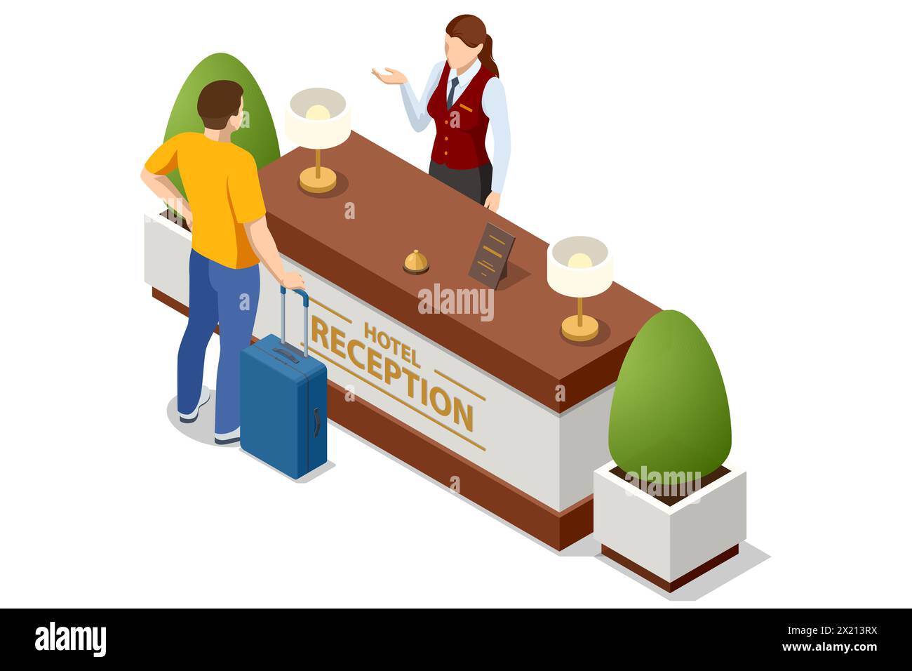 Isometric Hotel Reception Interior. Reception Desk. Young Woman ...