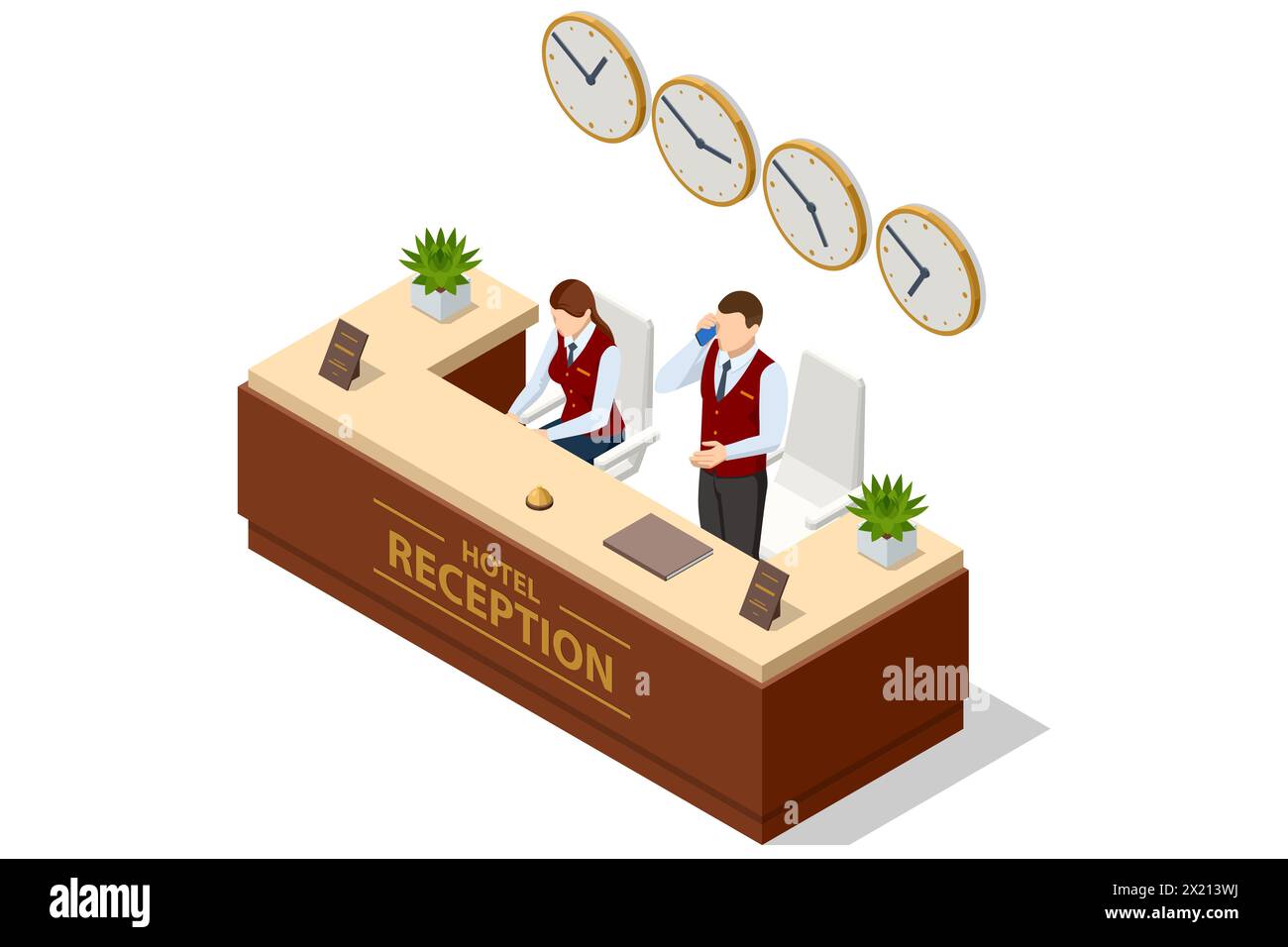 Isometric Hotel Reception Interior. Reception Desk. Young Woman Receptionist Character Standing ...