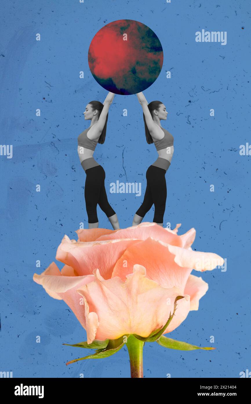 Vertical photo collage of concentrated calm girls twins do stretching ...