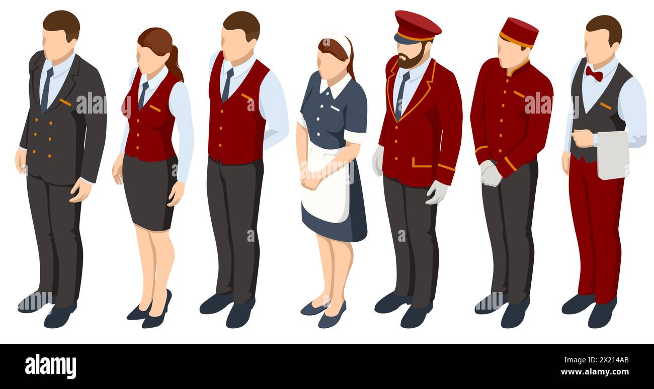 Isometric Hotel Services Receptionist Baker and Waiter, Cleaners and ...