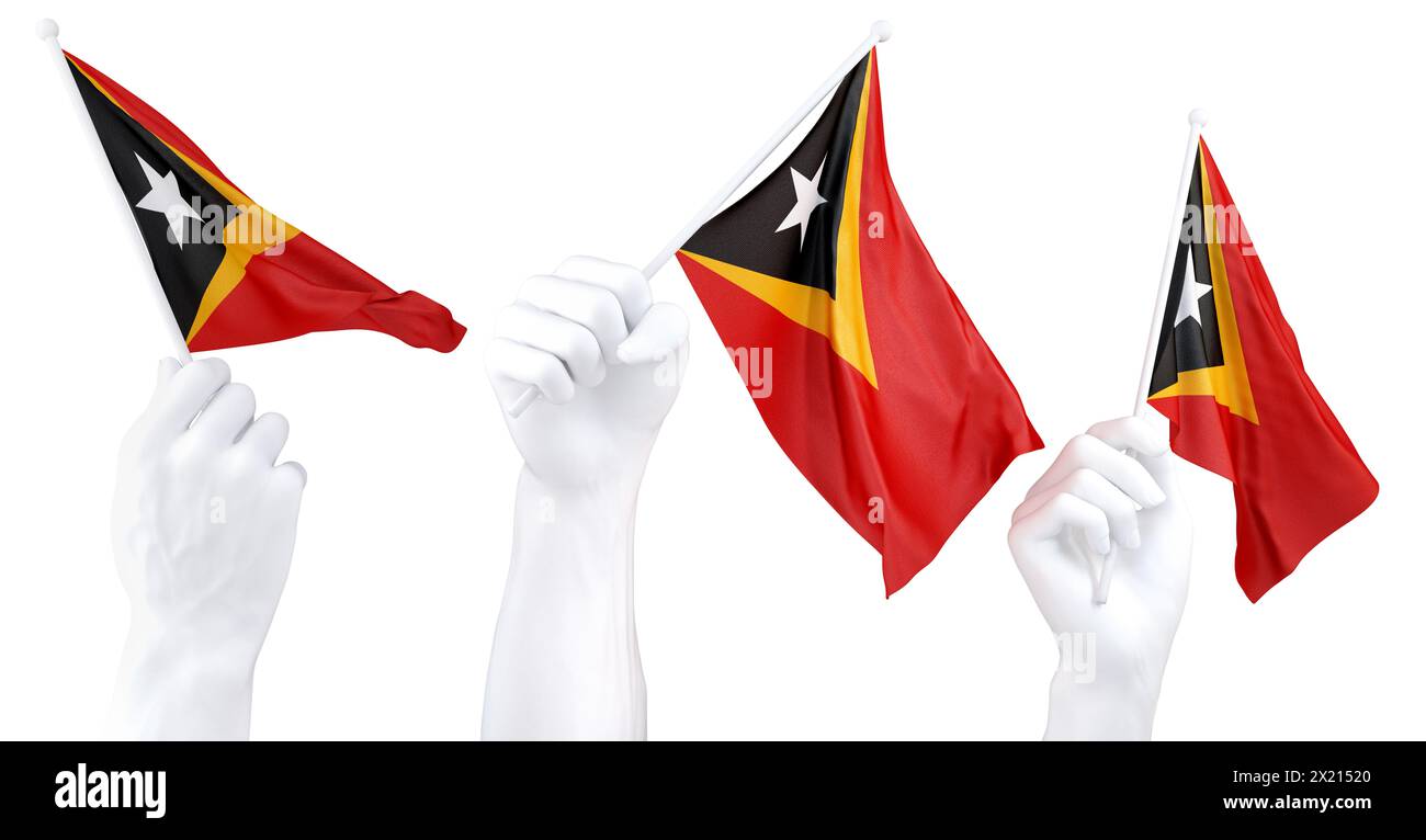 Three isolated hands waving East Timor flags, symbolizing national ...