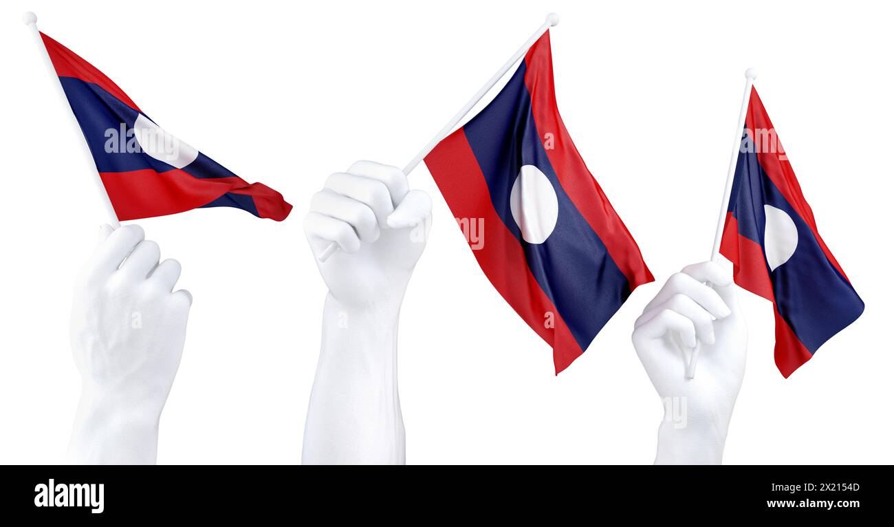 Three isolated hands waving Laos flags, symbolizing national pride and ...