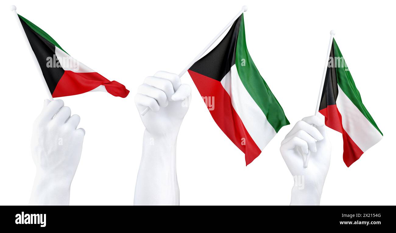 Three isolated hands waving Kuwait flags, symbolizing national pride ...
