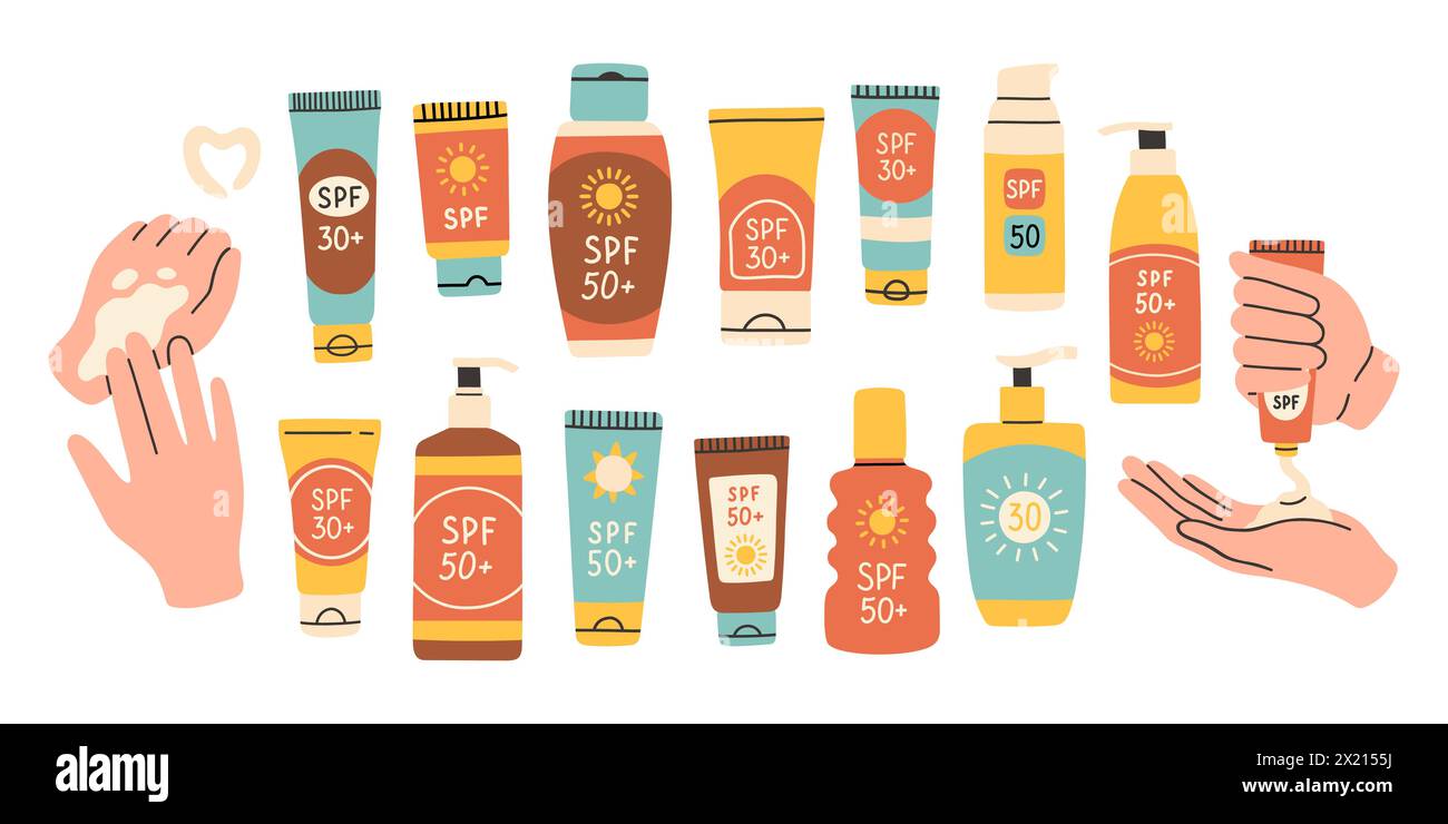 Set of sunscreen products isolated. SPF protection and sun safety ...