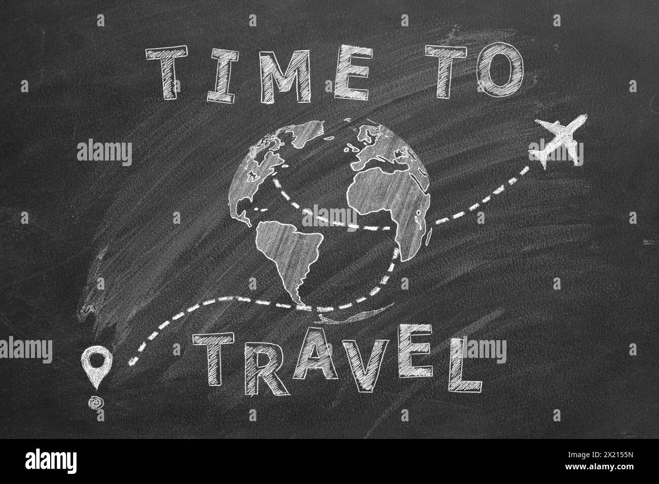 Globe with lettering TIME TO TRAVEL and airplane following a path ...