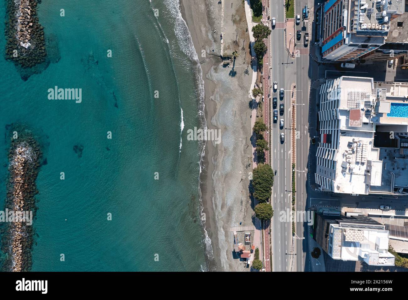 Overhead drone shot capturing the vibrant waterfront and urban layout ...