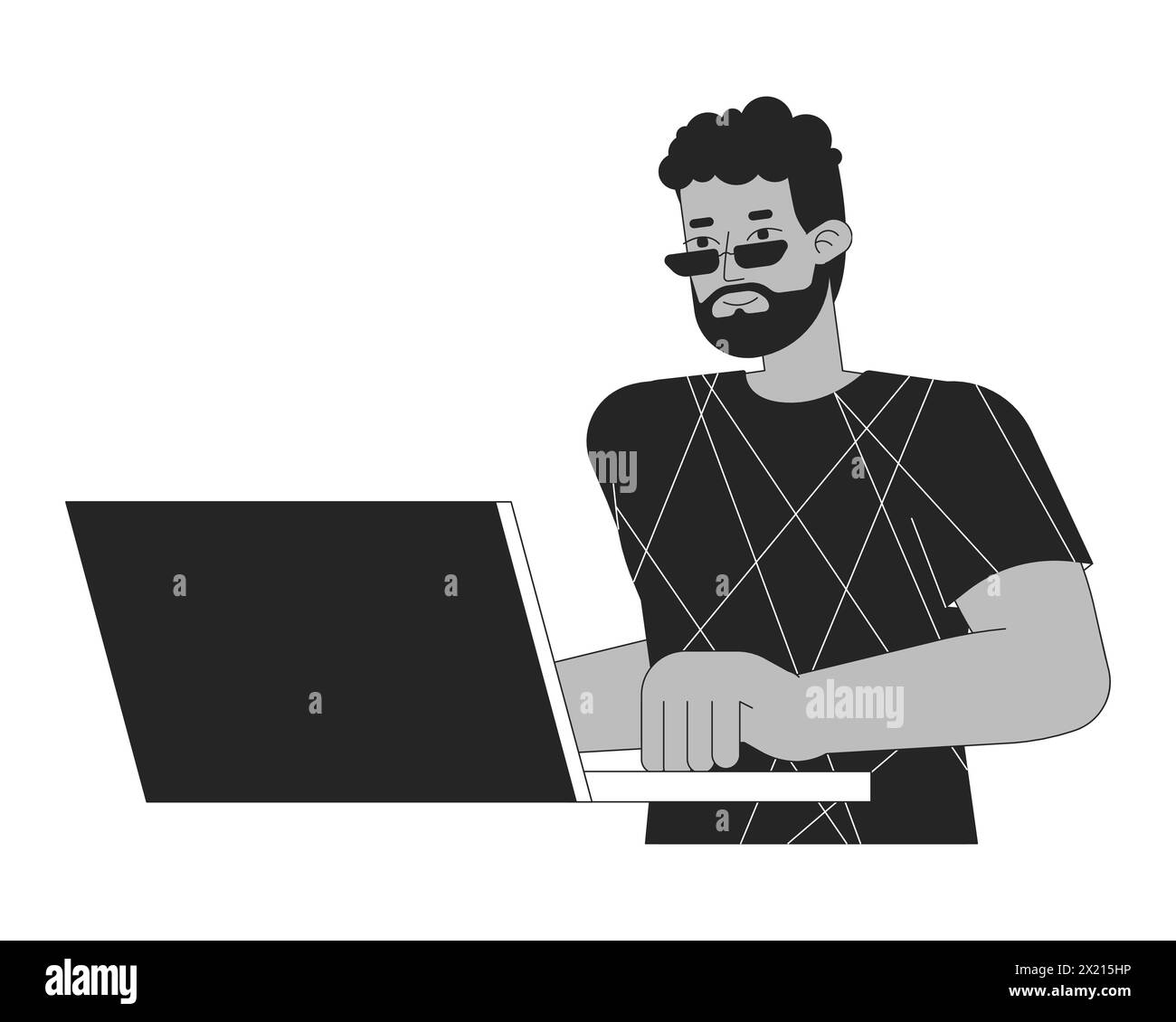 African American Man Using Laptop Black And White 2d Line Cartoon