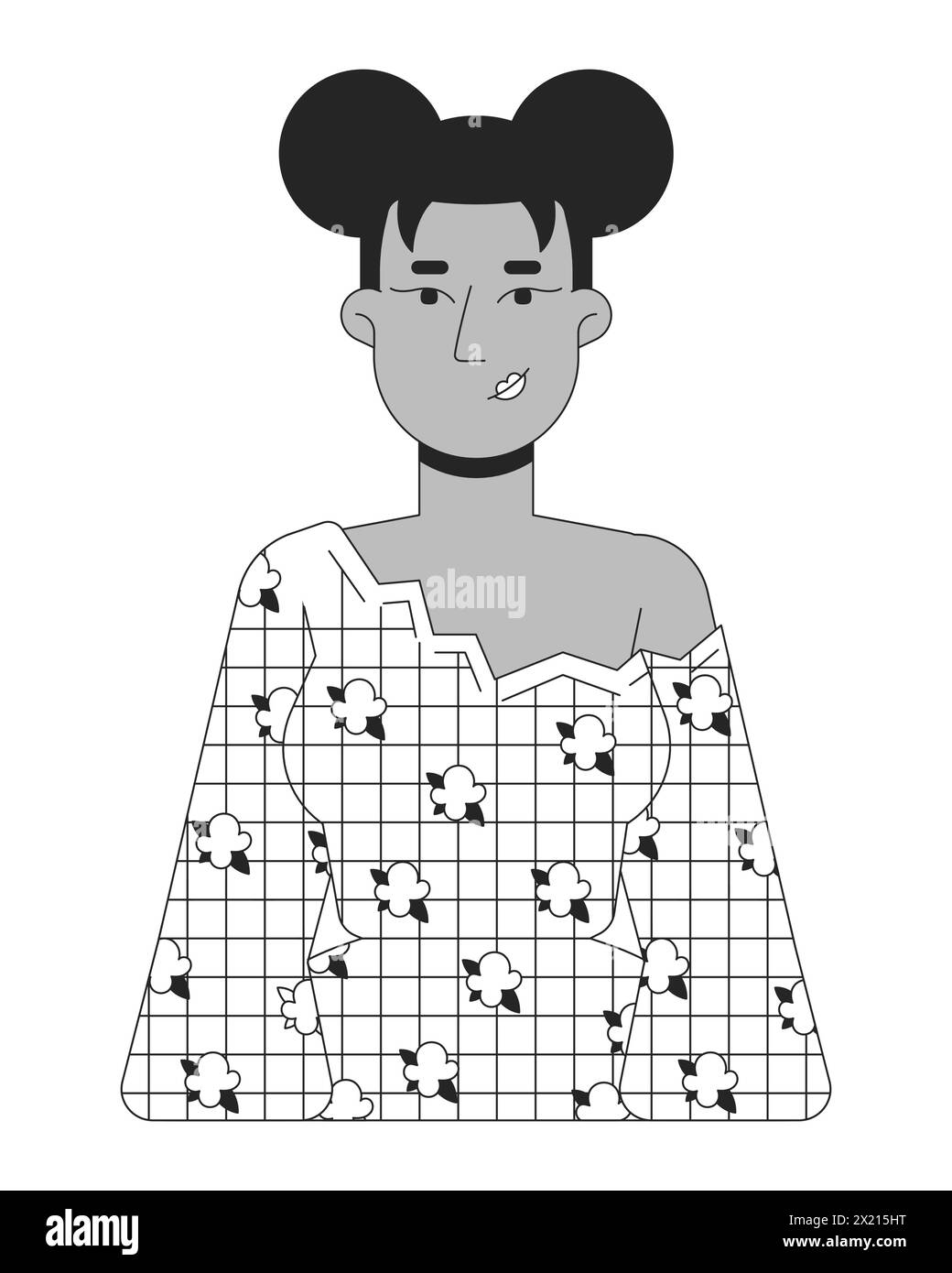 Black Woman Wearing Blouse With Floral Pattern Black And White 2d Line