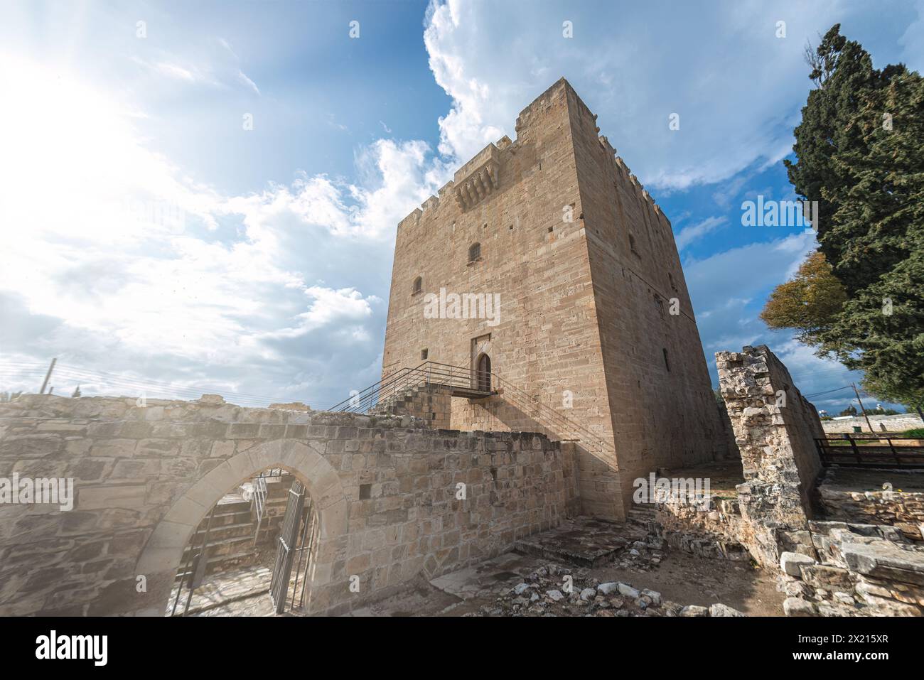 Wide-angle view of the historic Kolossi castle in Cyprus under a cloudy ...