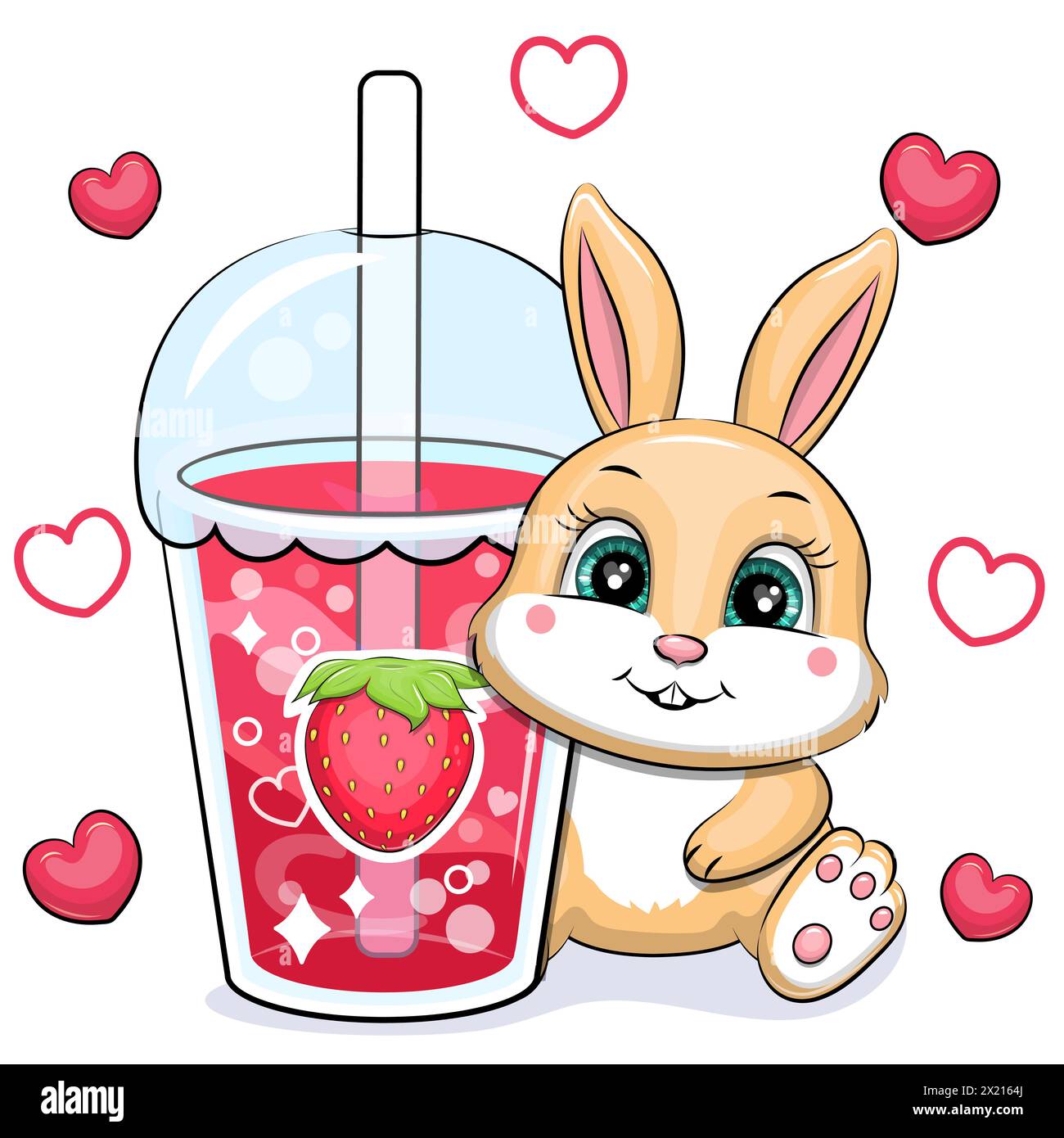 Cute cartoon bunny with a big strawberry drink. Vector illustration of ...