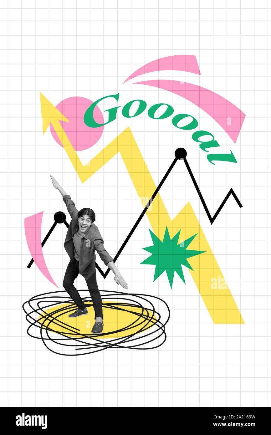 Vertical photo collage of young happy guy goal work career strategy ...