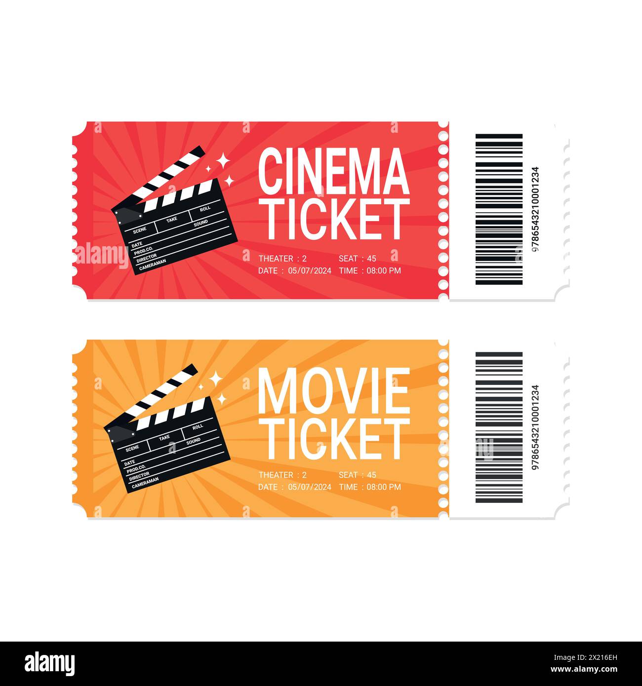 Modern movie or cinema ticket design with clapperboard. Realistic front ...