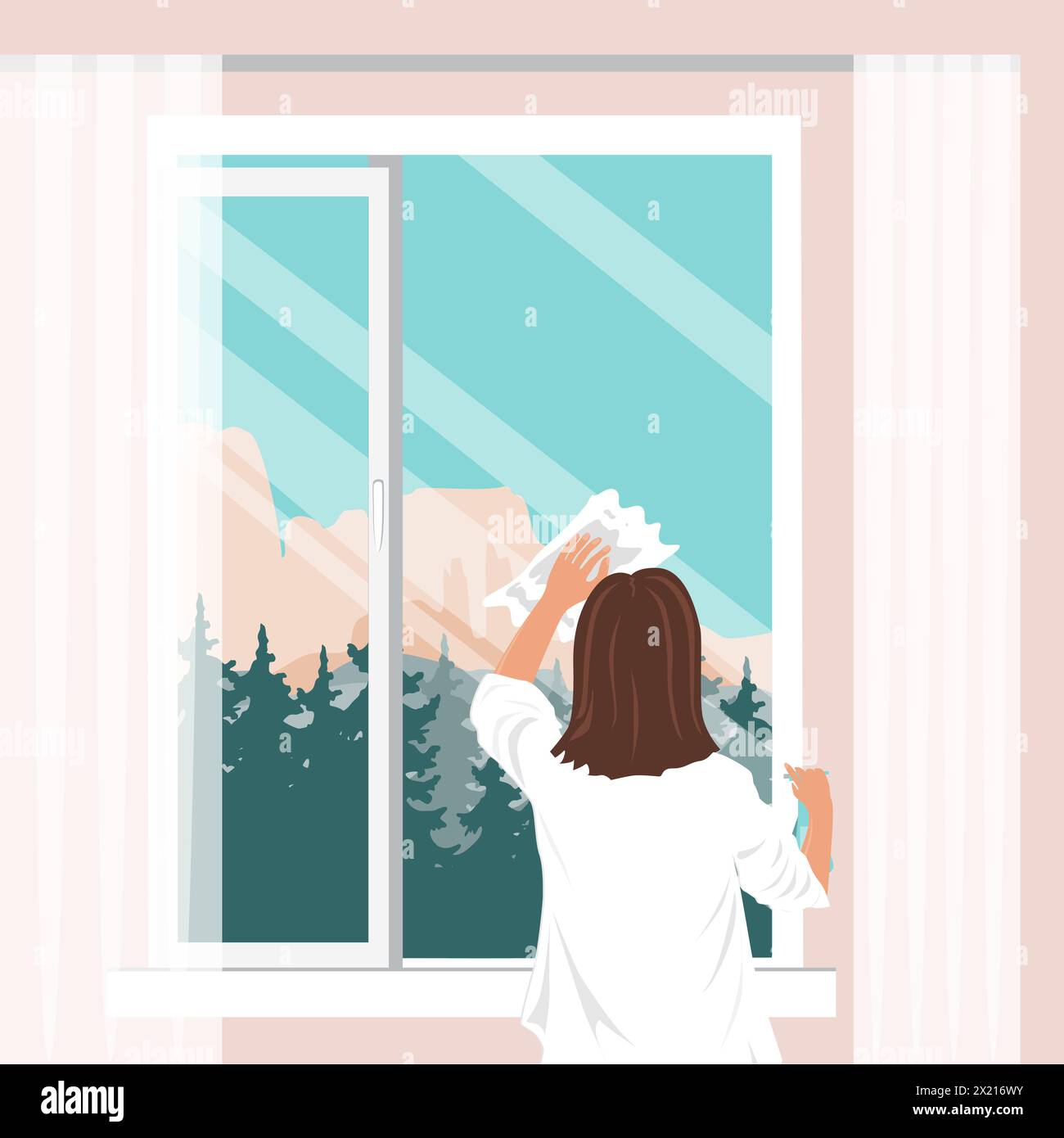 Woman is cleaning a window glass with rag and cleanser spray at home ...