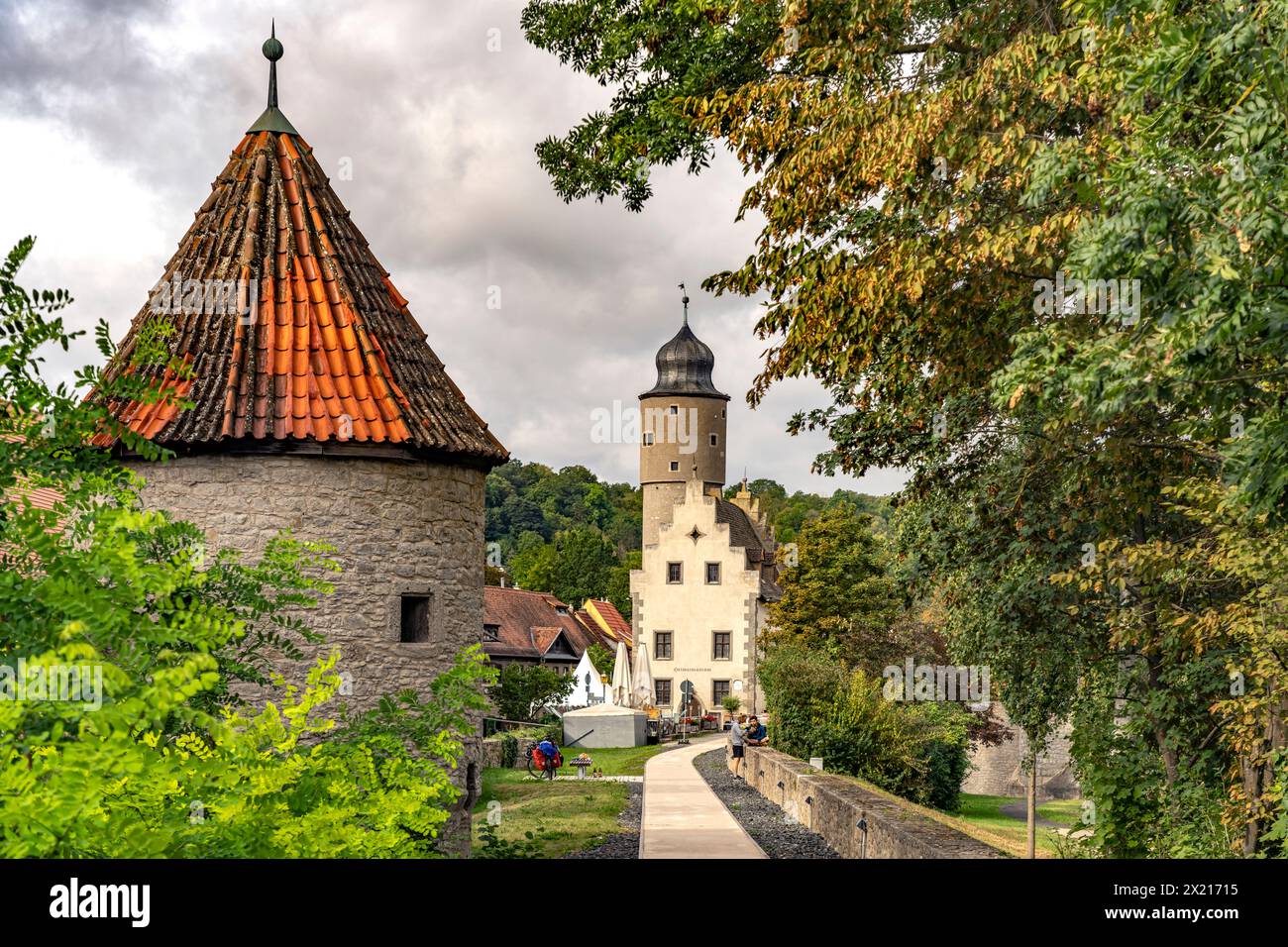 Tower of the city wall, local history museum in the castle and pigeon ...