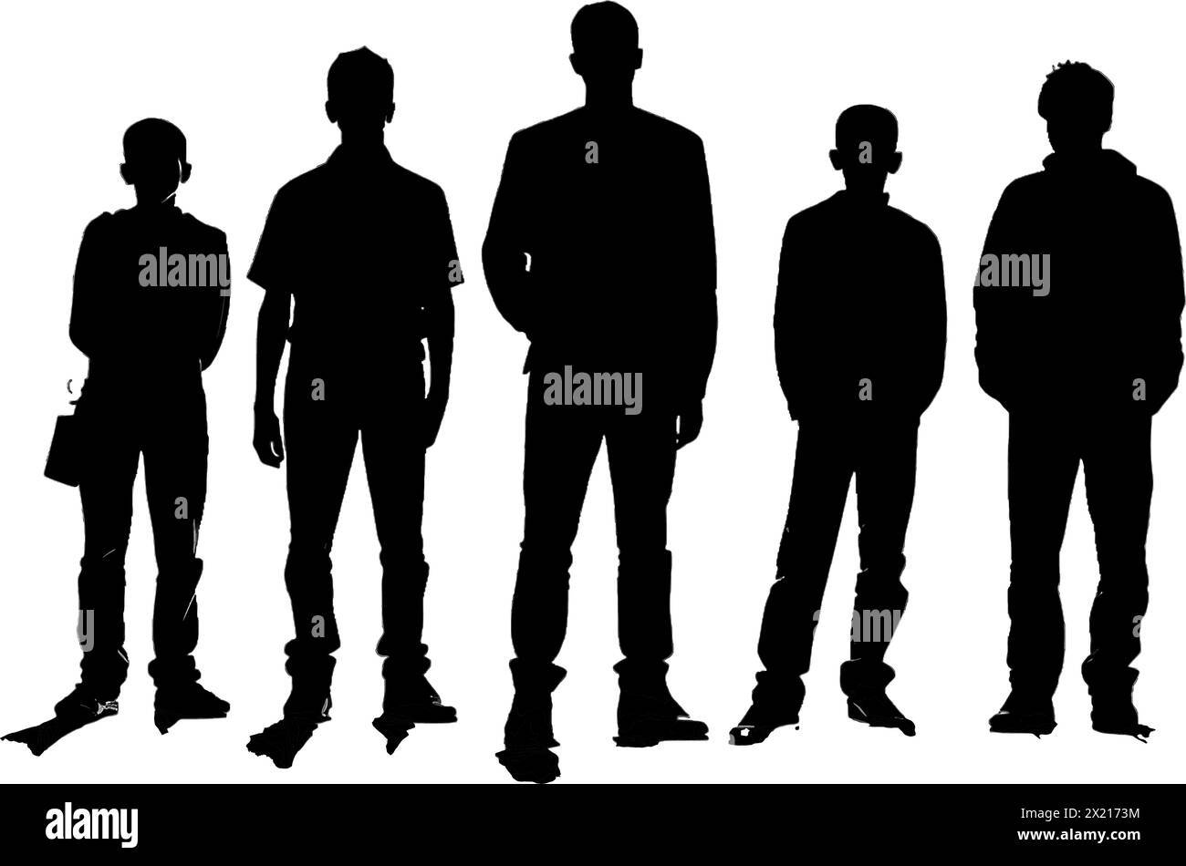Vector illustration of five people in black silhouette against a clean ...