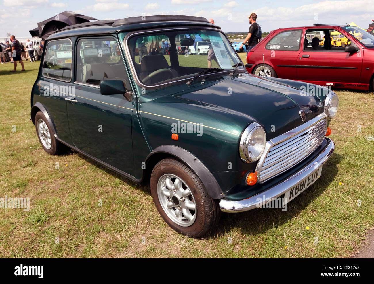 Three-quarter front view of a Green, 1992, Mini Mk7, on display at the ...