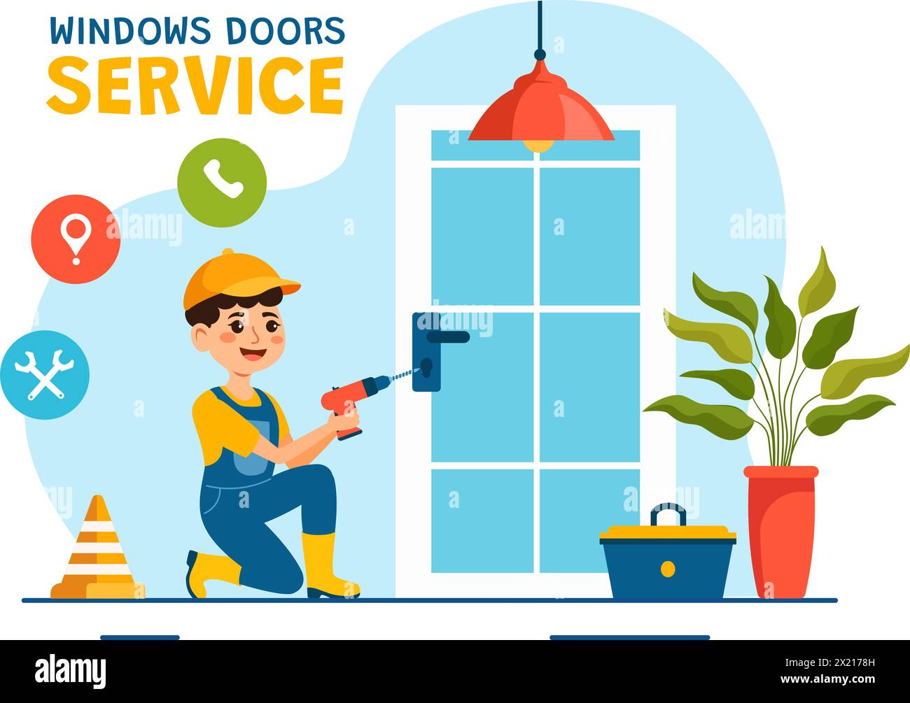 Windows and Doors Installation Service Vector Illustration with Worker ...