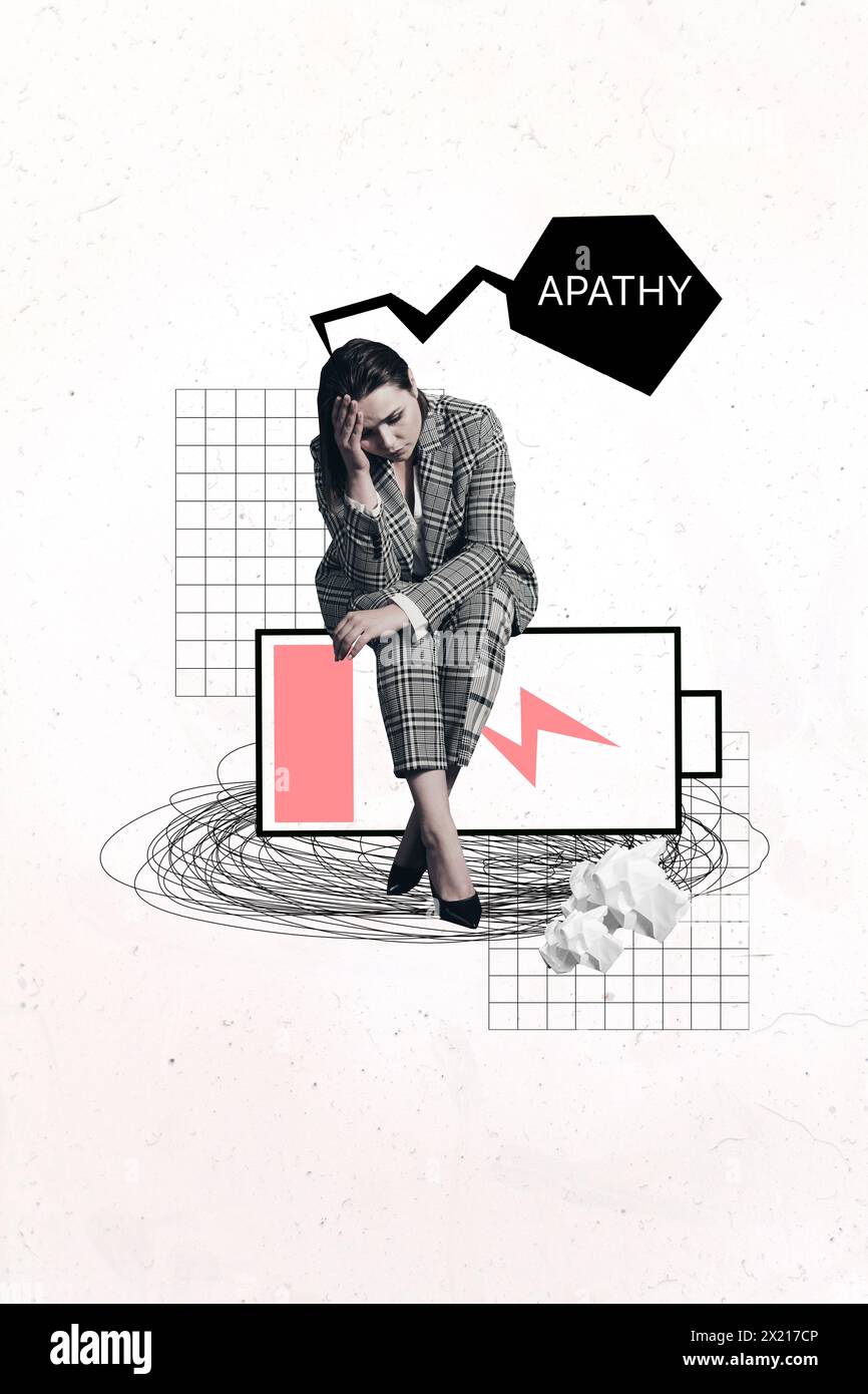 Vertical photo collage of upset businesswoman sit low battery ...