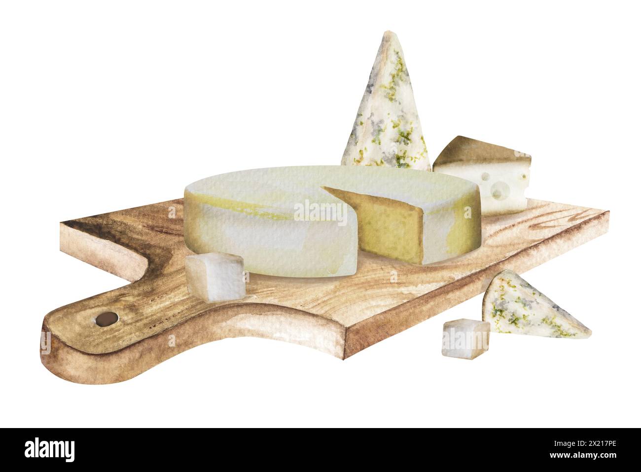 Watercolor illustration of pieces of cheese of different varieties ...