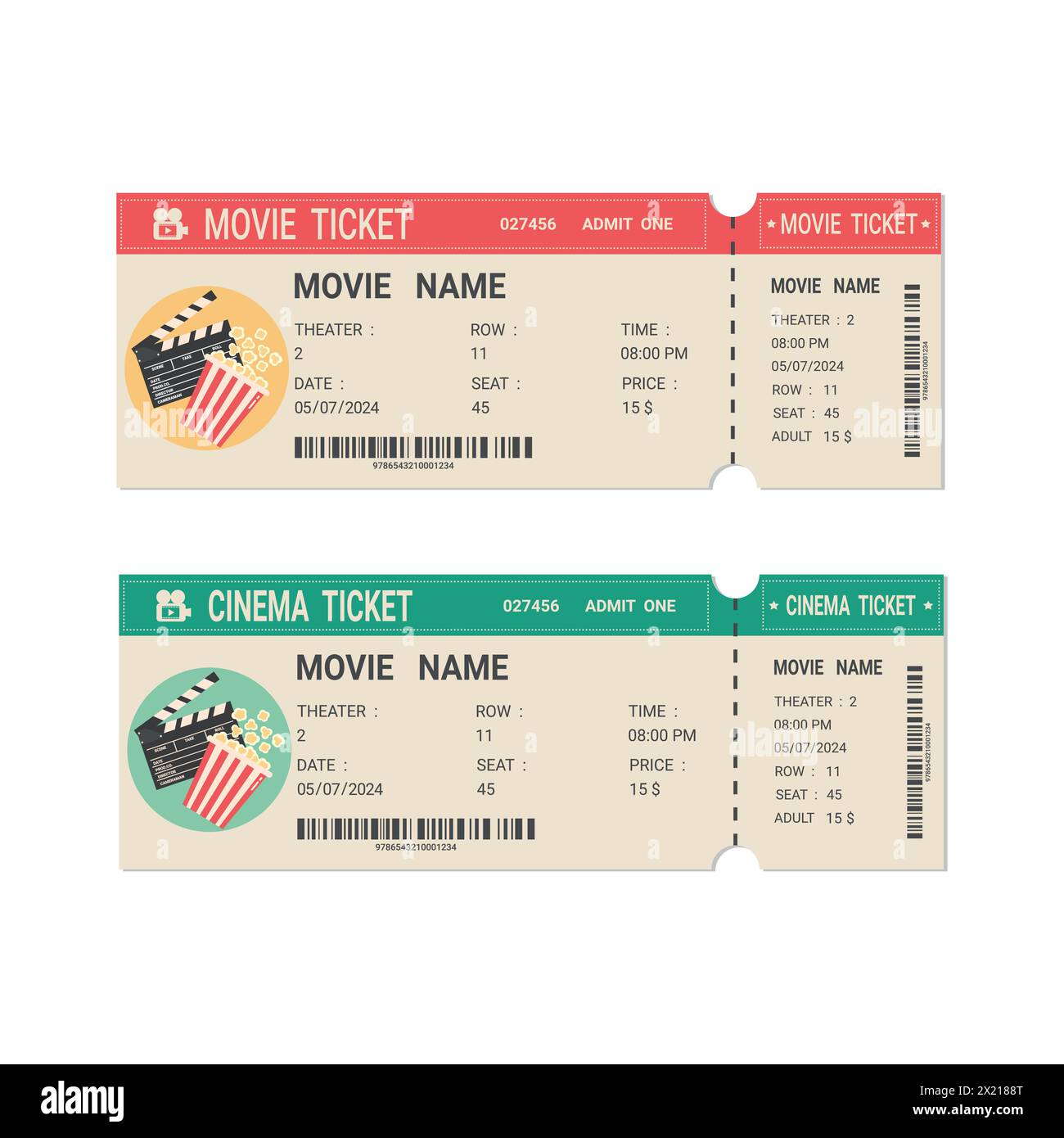 Cinema or movie ticket vintage design. Realistic front view. Retro ...