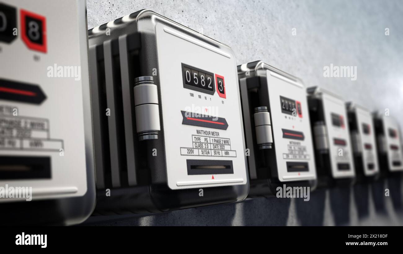 Rows of electricity meters on the wall. 3D illustration Stock Photo - Alamy