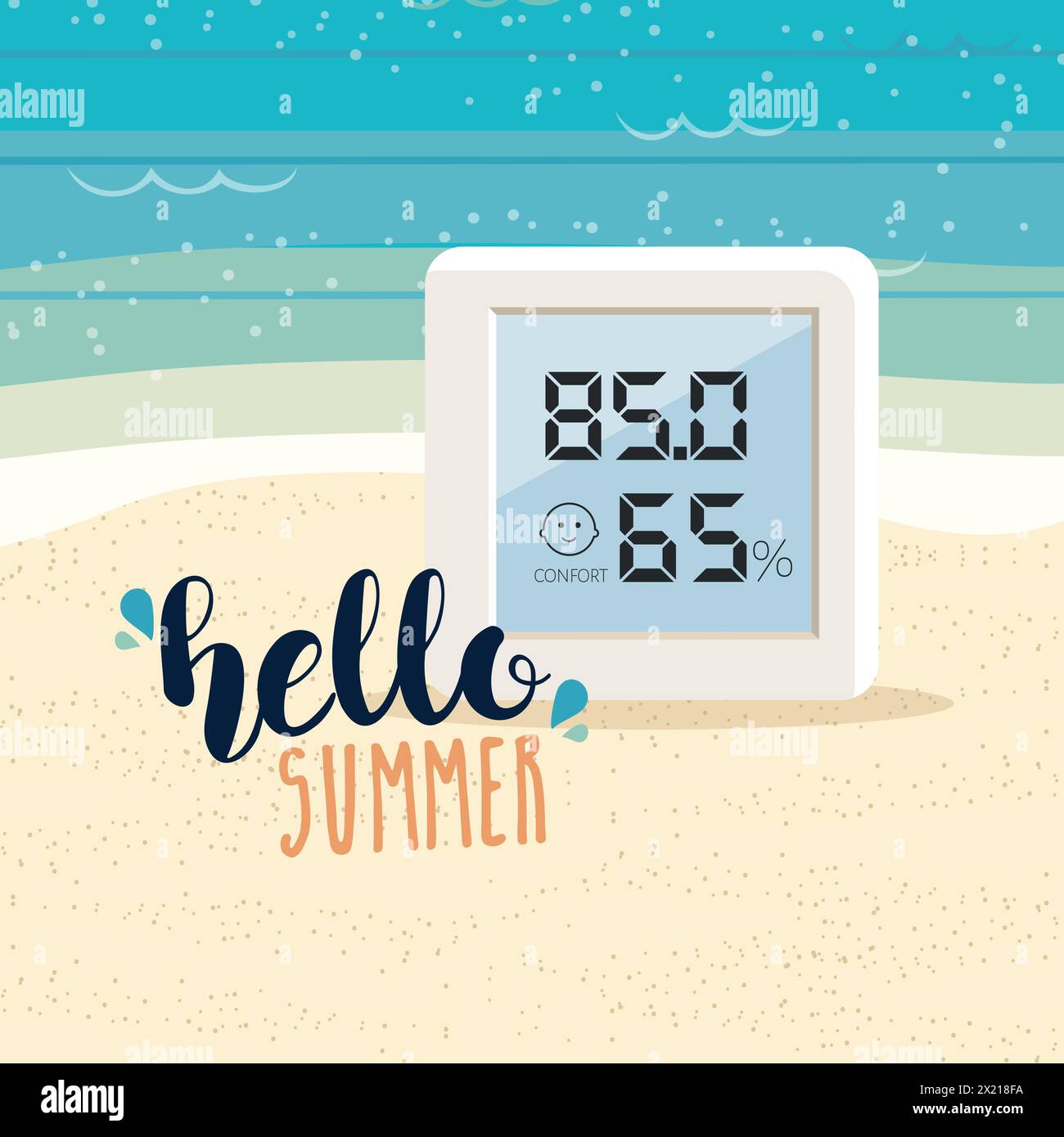 Beach background with a digital weather thermometer. Summer banner ...