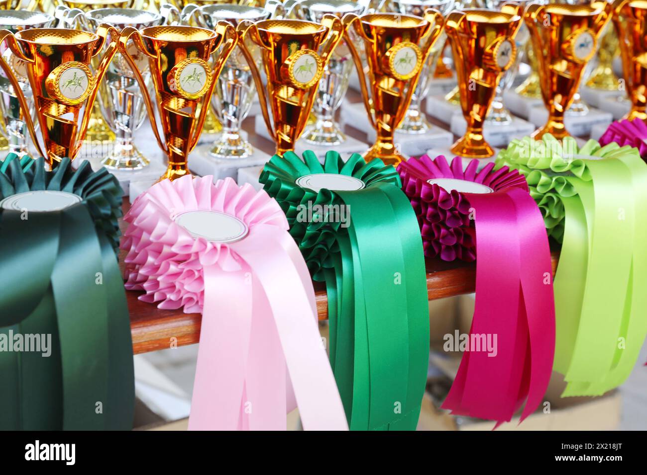 Group of beautiful colorful trophies and ribbons for the winners and ...