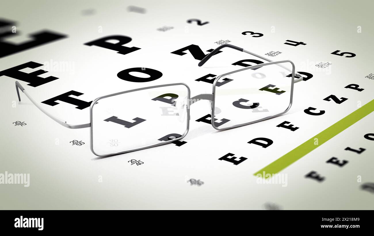 Vision test chart and eyeglasses. 3D illustration Stock Photo - Alamy