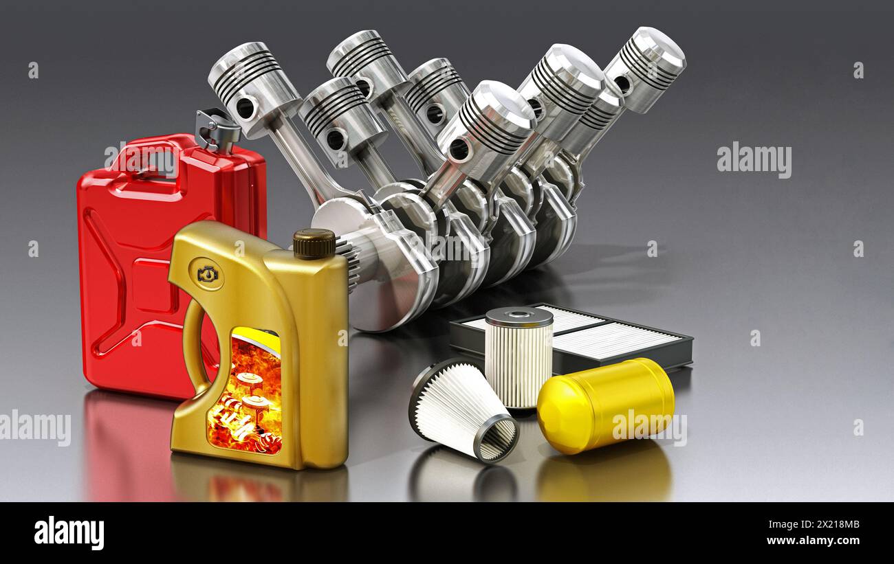 V6 engine, gas canister, oil bottle and spare filters. 3D illustration ...