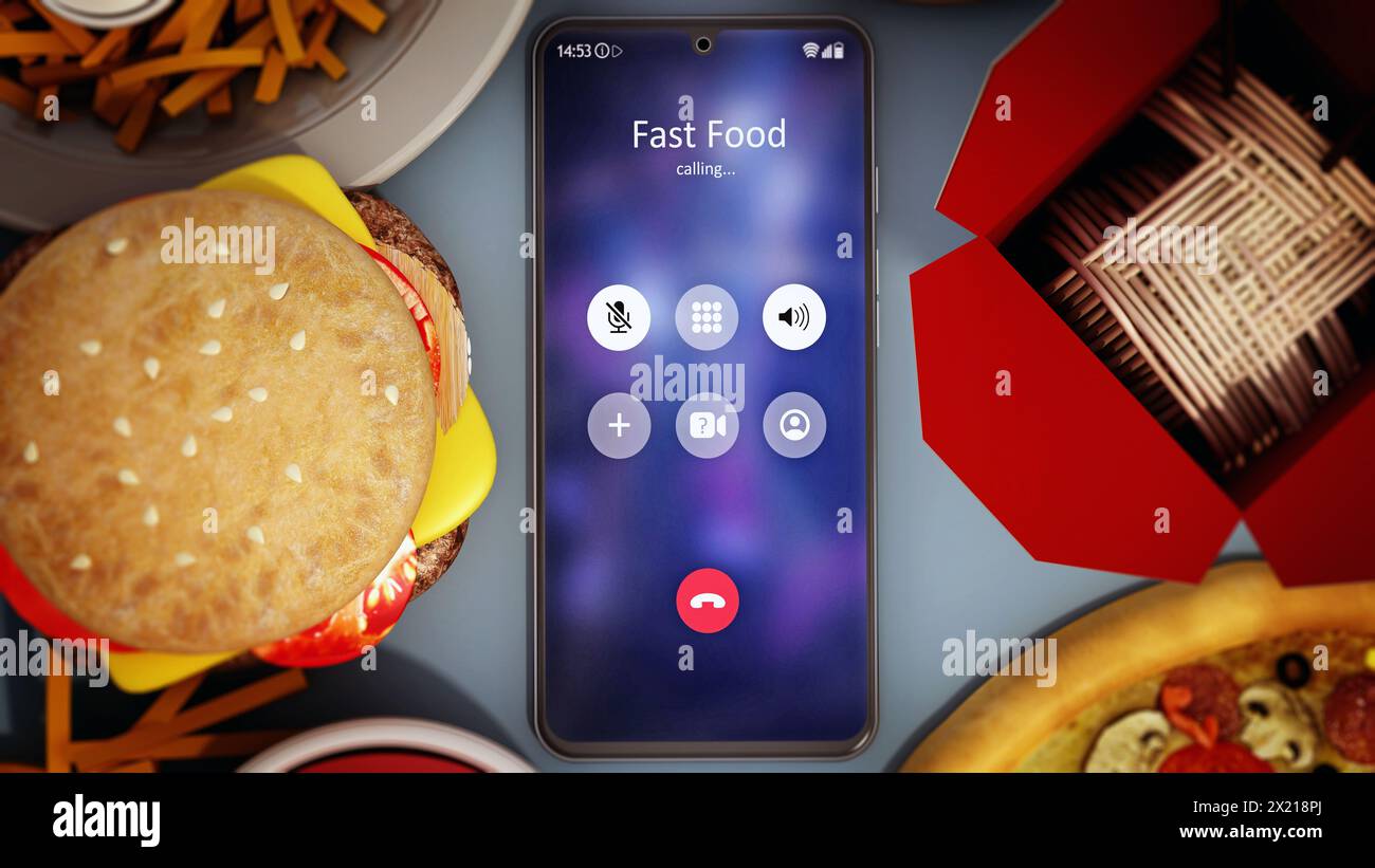 Fast foods and smartphone with fast food calling screen. 3D ...