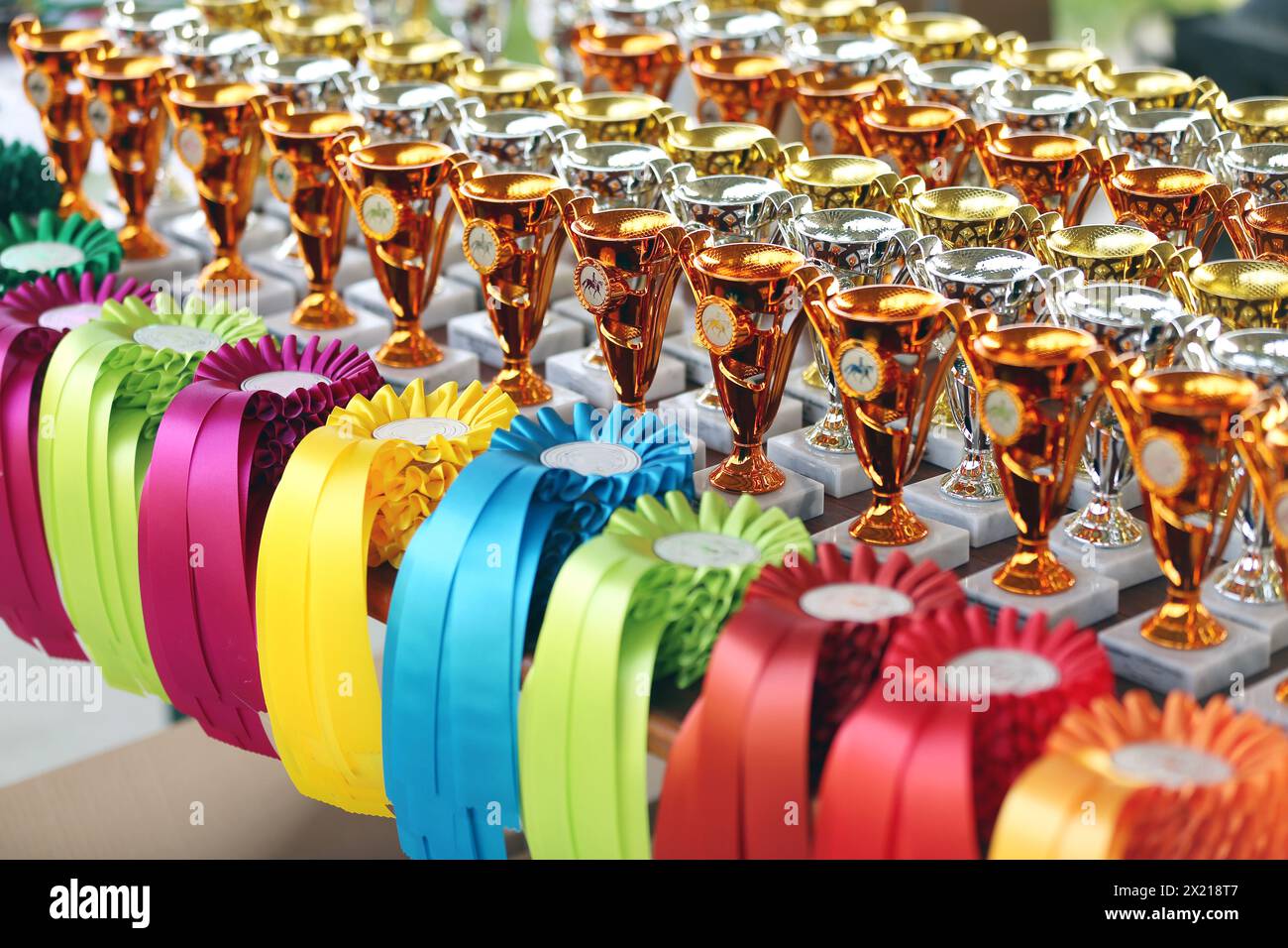 Group of beautiful colorful trophies and ribbons for the winners and ...