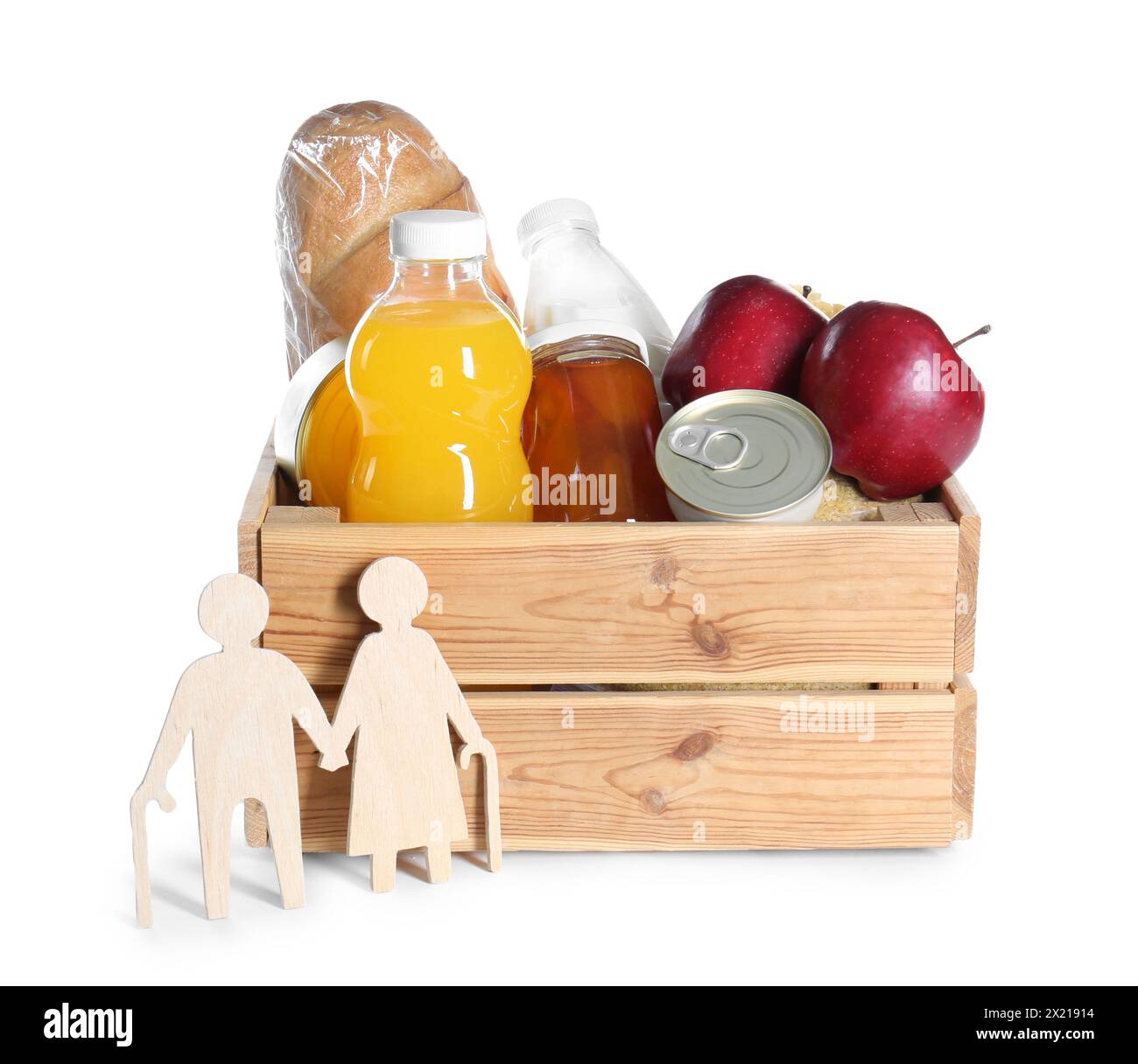 Humanitarian aid for elderly people. Donation box with food products ...