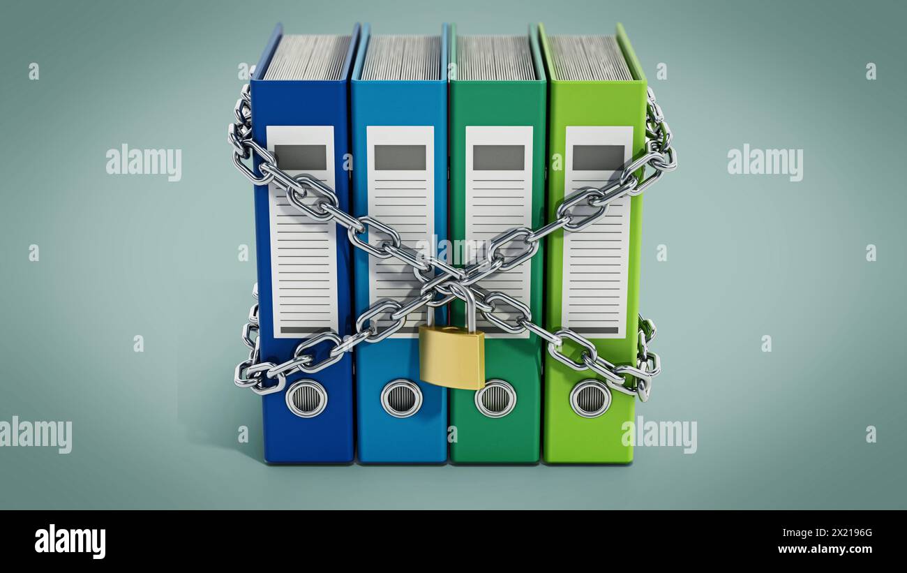 Group of folders wrapped with chains and padlock. 3D illustration Stock ...