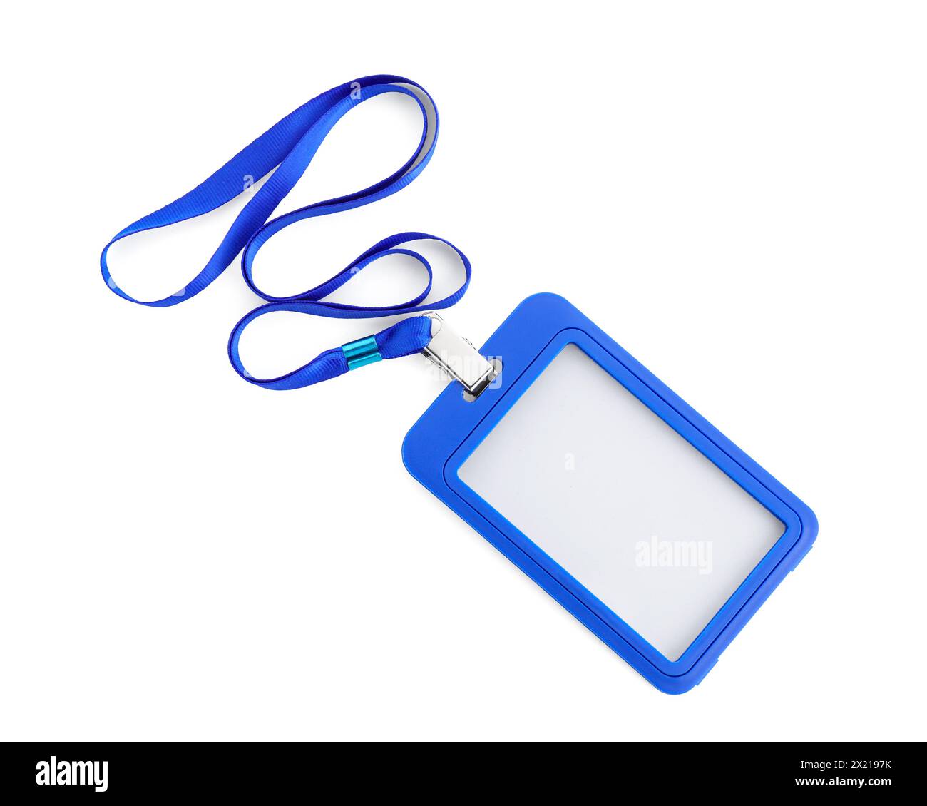 Blue badge isolated on white, top view Stock Photo - Alamy