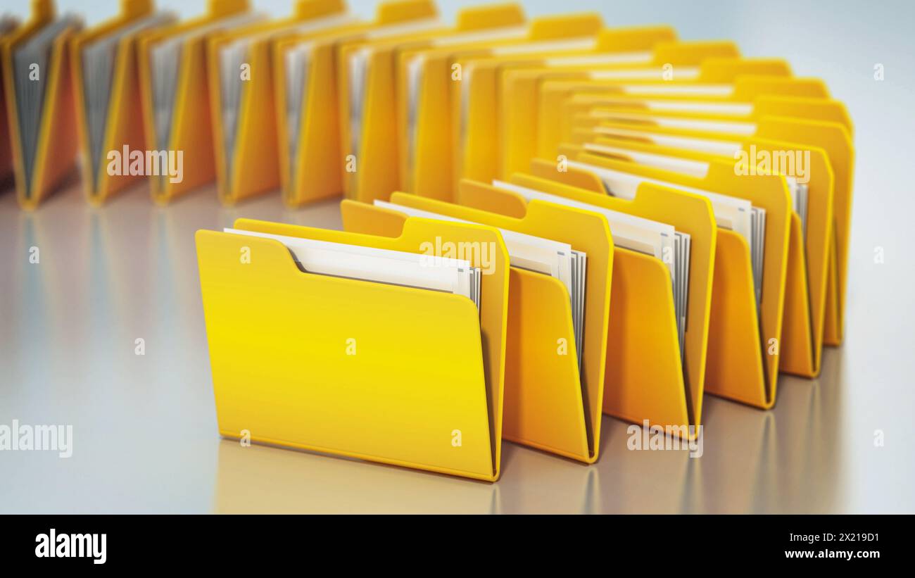 Yellow folders arranged in circle isolated on white background. 3D ...