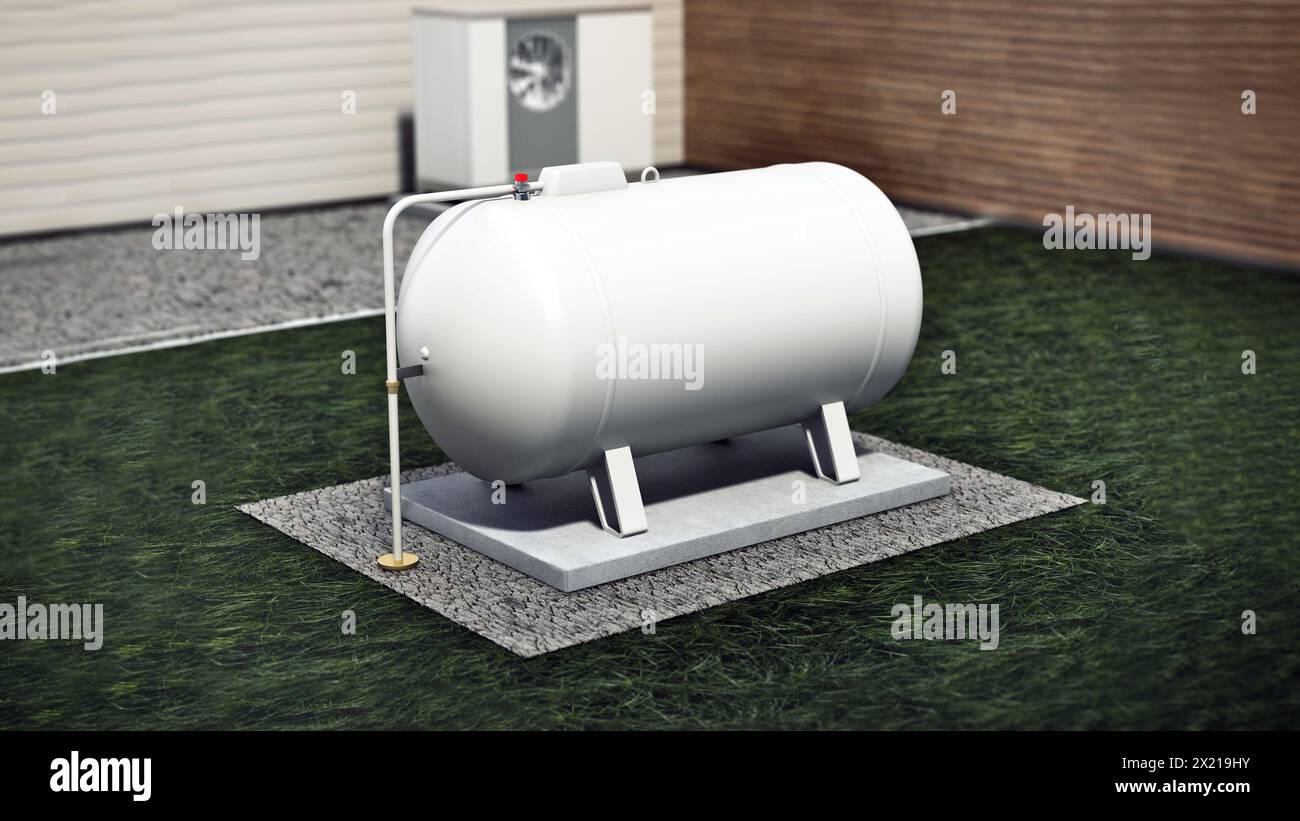 Propane tank in the garden of a house. 3D illustration Stock Photo - Alamy