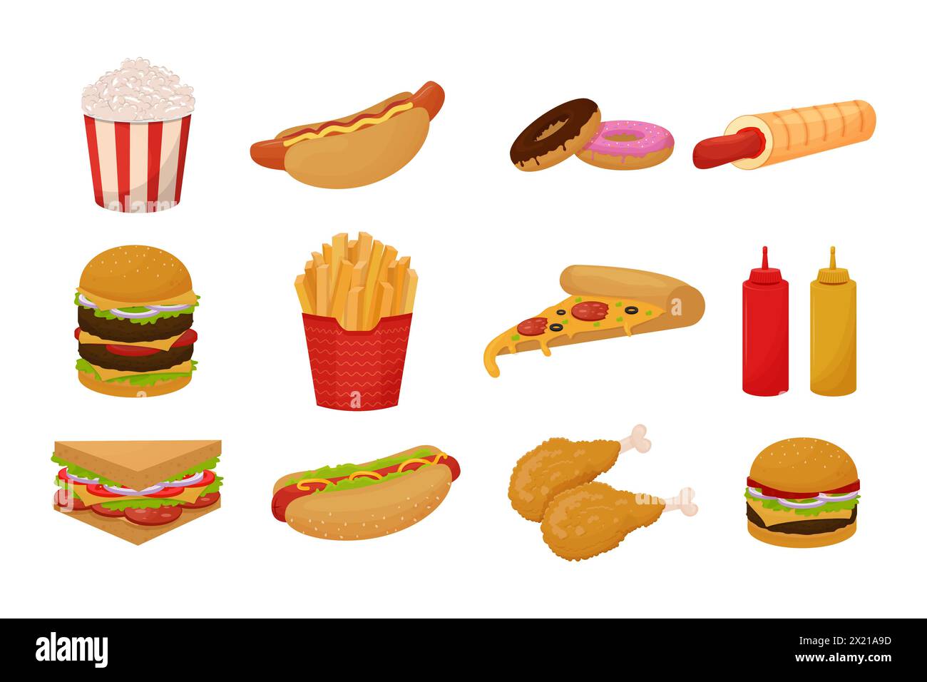 Set of fast food icon, objects. Colorful detailed collection of meal ...
