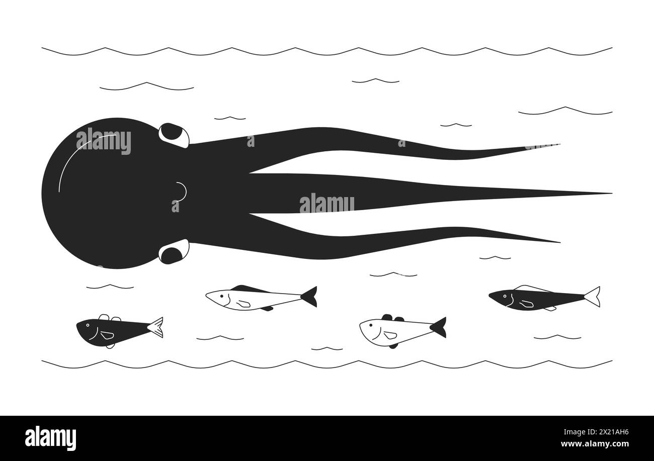 Octopus swimming with fish school black and white 2D line cartoon ...