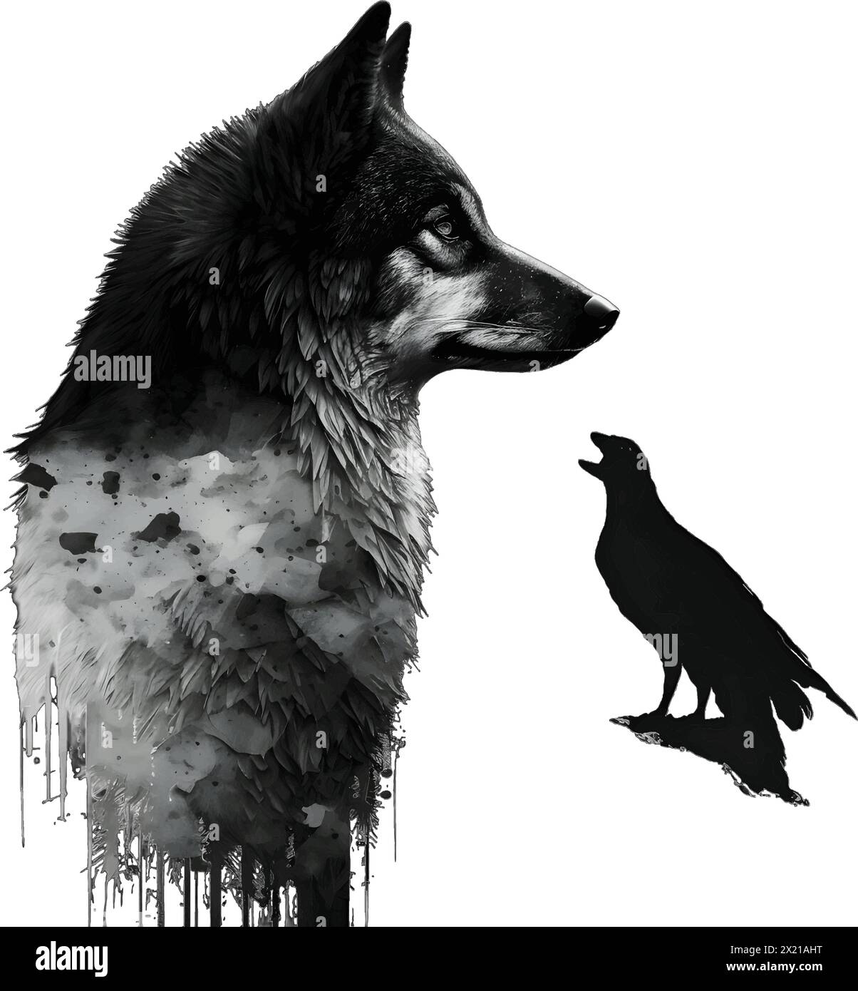 Vector illustration of wolf and raven in black silhouette against a ...