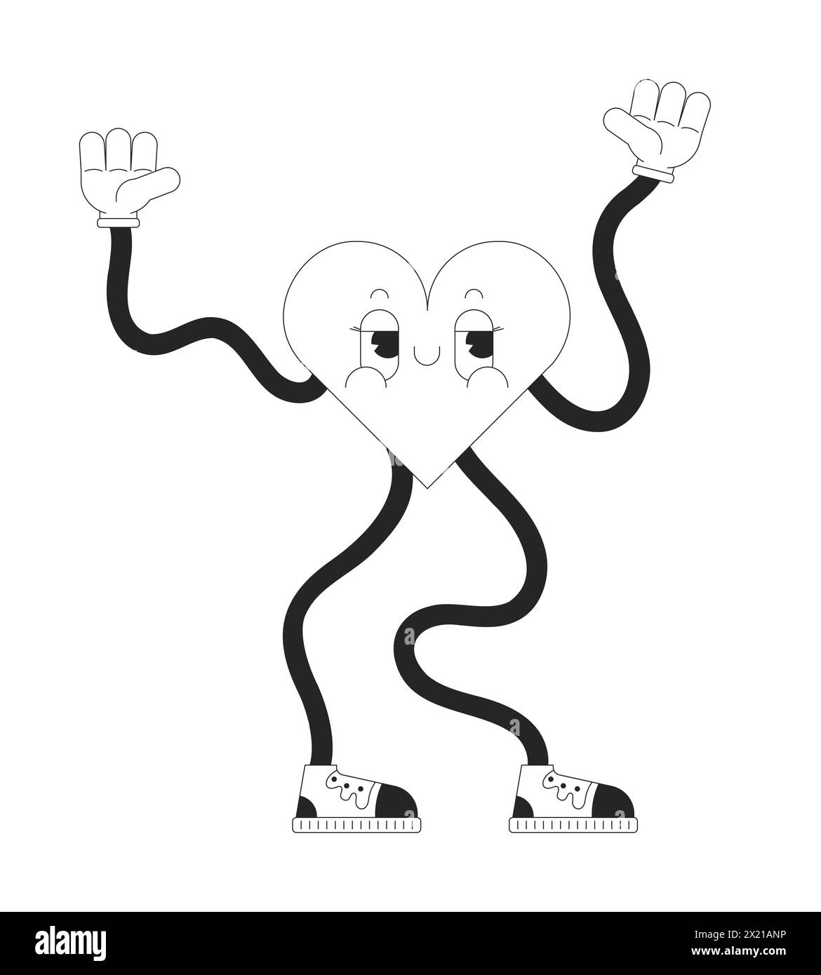 Retro funky heart with wavy arms and legs black and white 2D line ...