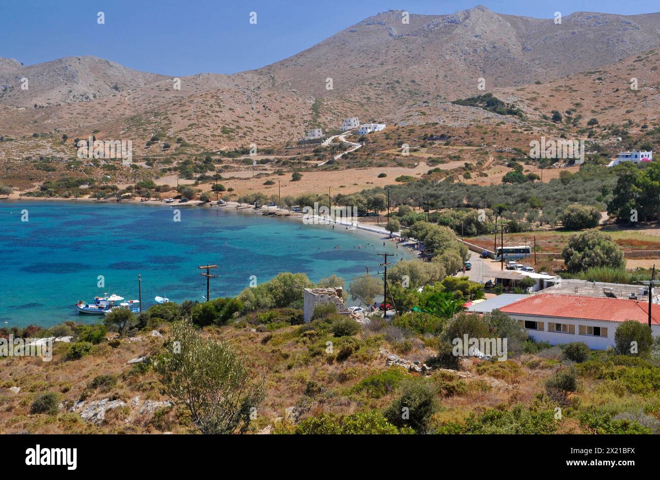 overview of Partheni Bay and beach, Leros island, Dodecanese islands ...