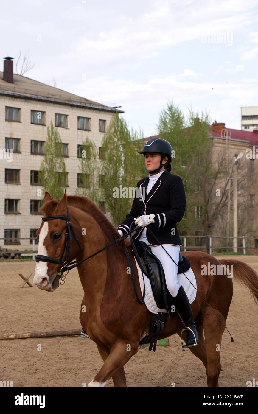 Rider on chestnut horse with urban backdrop. Riding session. Dressage ...