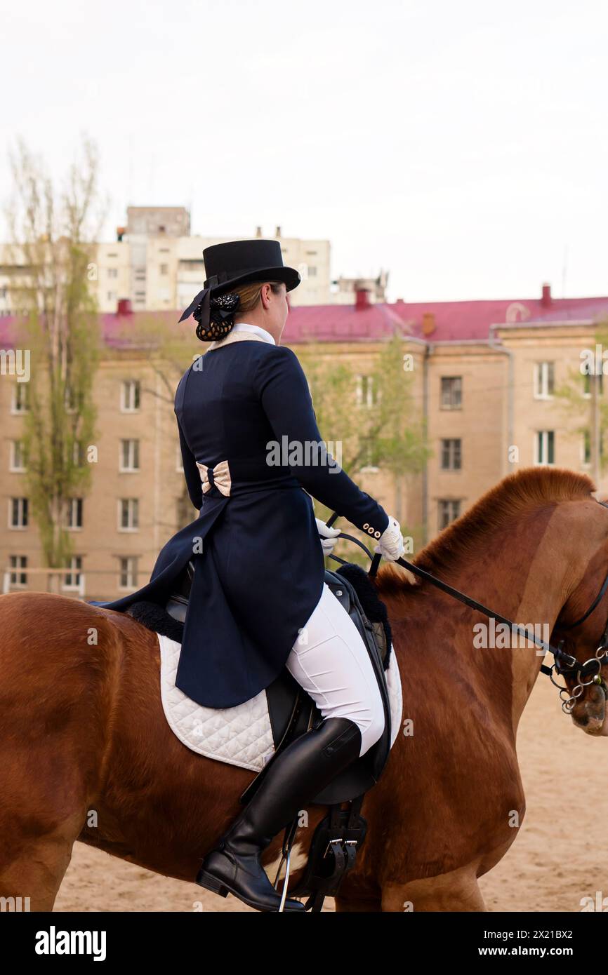 Side profile of dressage rider on chestnut horse. Riding session ...