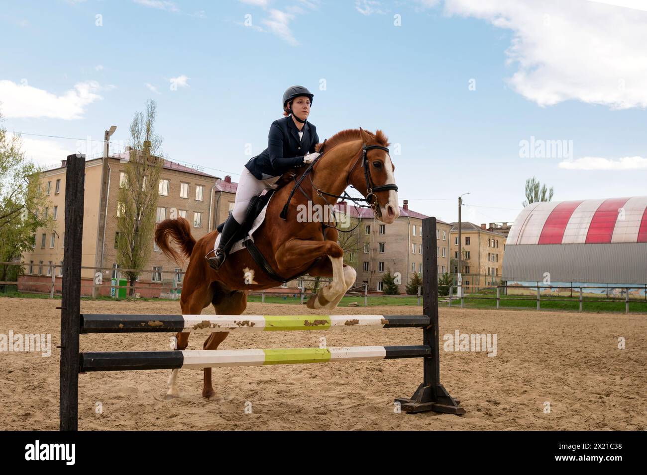Rider jumping horse over obstacle, equestrian sport. Riding session ...