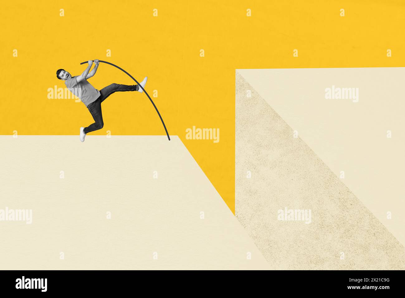Photo collage creative picture young man jump stick overcome abyss hole ...