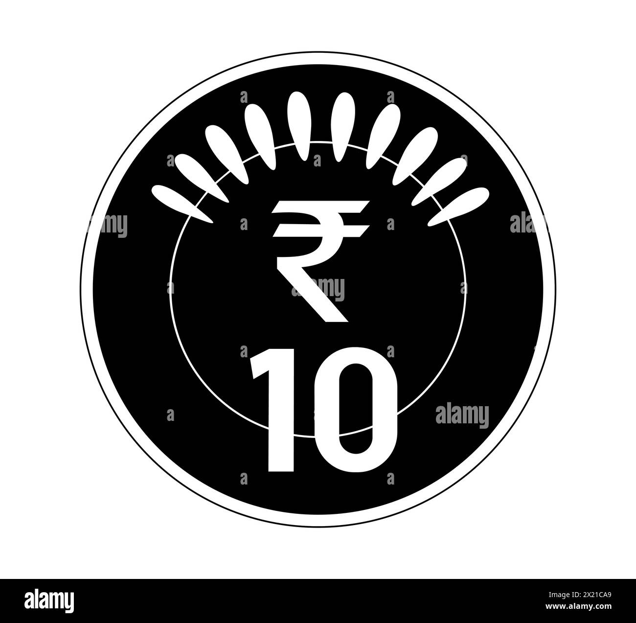 Indian 10 rupees coin. The coin is depicted in black and white. Vector ...